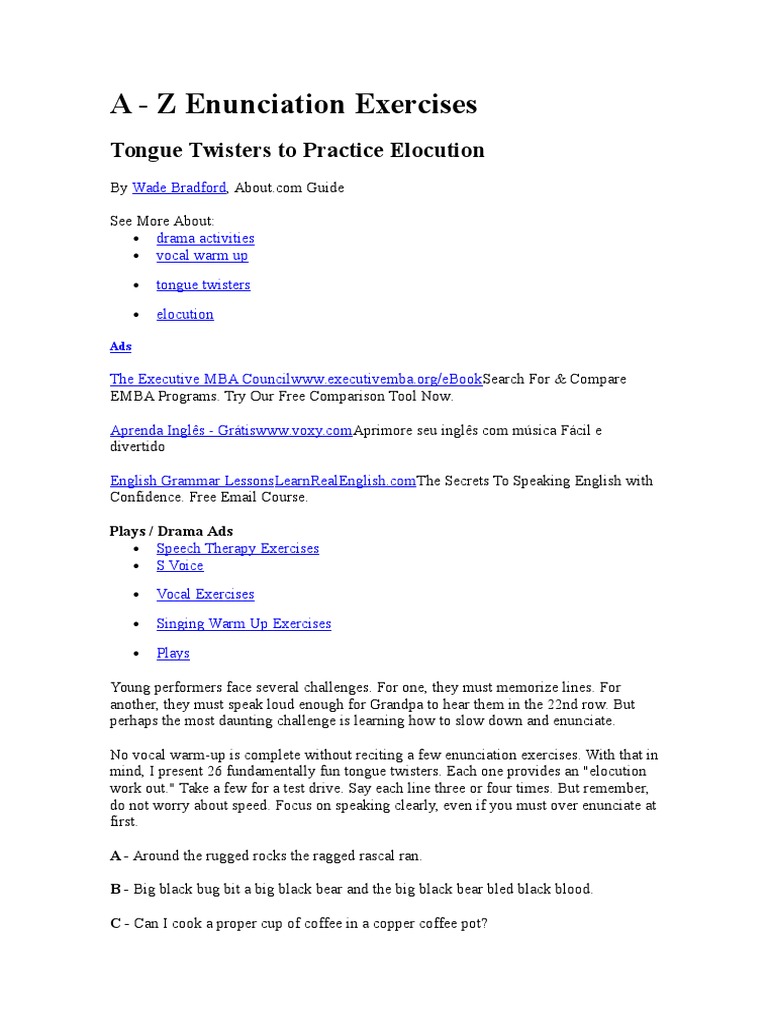 A - Z Enunciation Exercises: Tongue Twisters To Practice Elocution | PDF