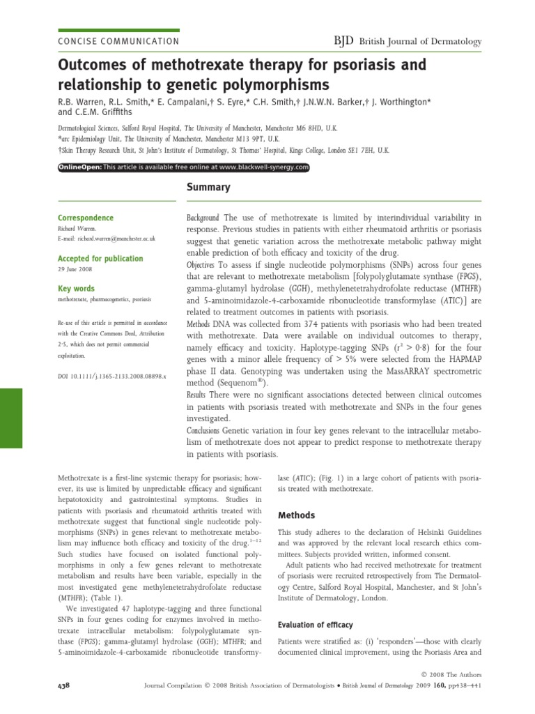 Outcomes of Methotrexate Therapy For Psoriasis and Relationship To ...
