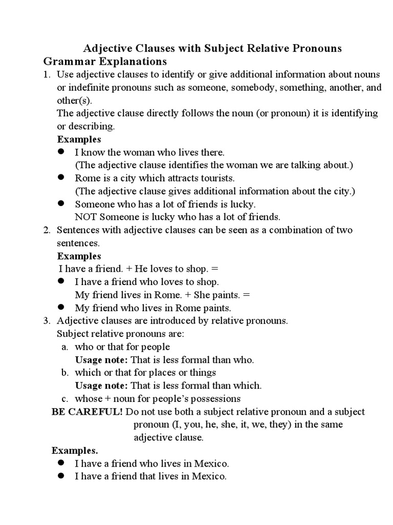 Adjective Clauses With Subject Relative Pronouns | PDF | Pronoun ...