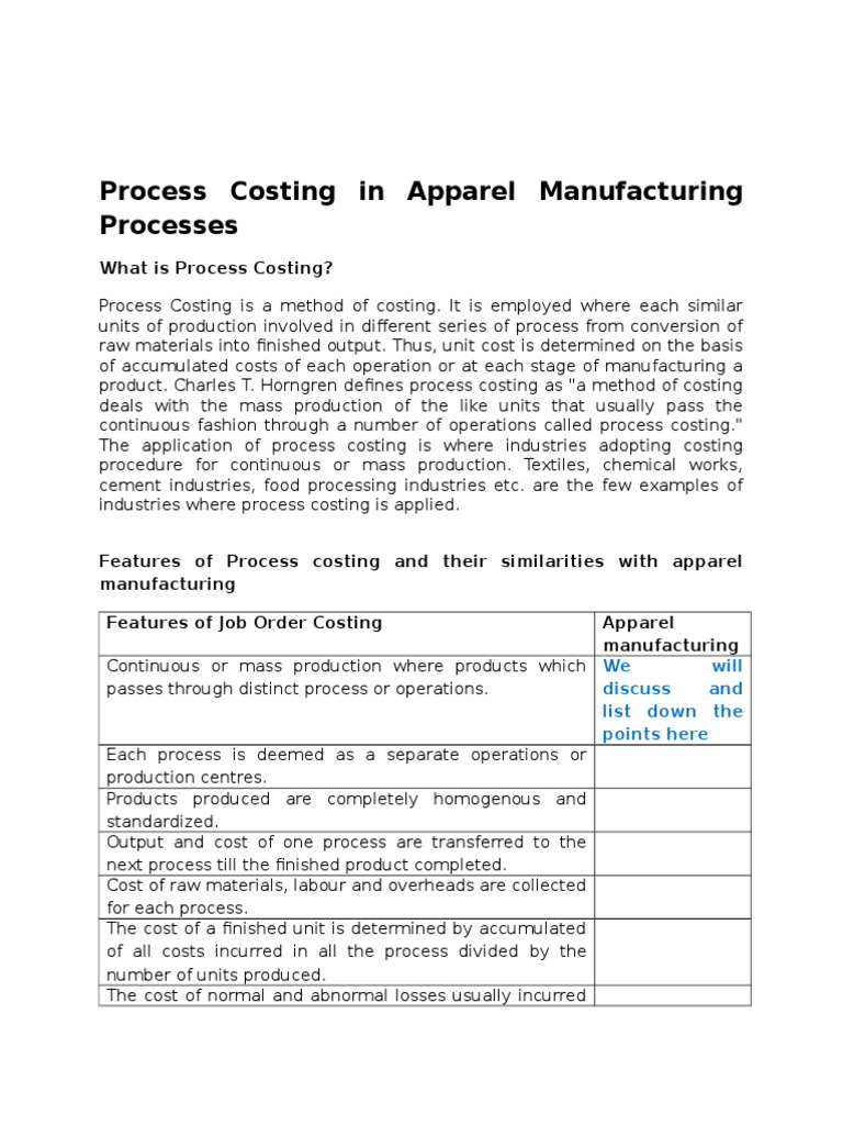 Process Costing in Apparel Manufacturing | PDF | Mass Production | Cost