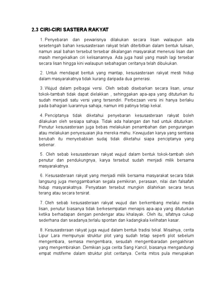 Ciri-Ciri Sastera Rakyat | PDF | Fiksi Umum