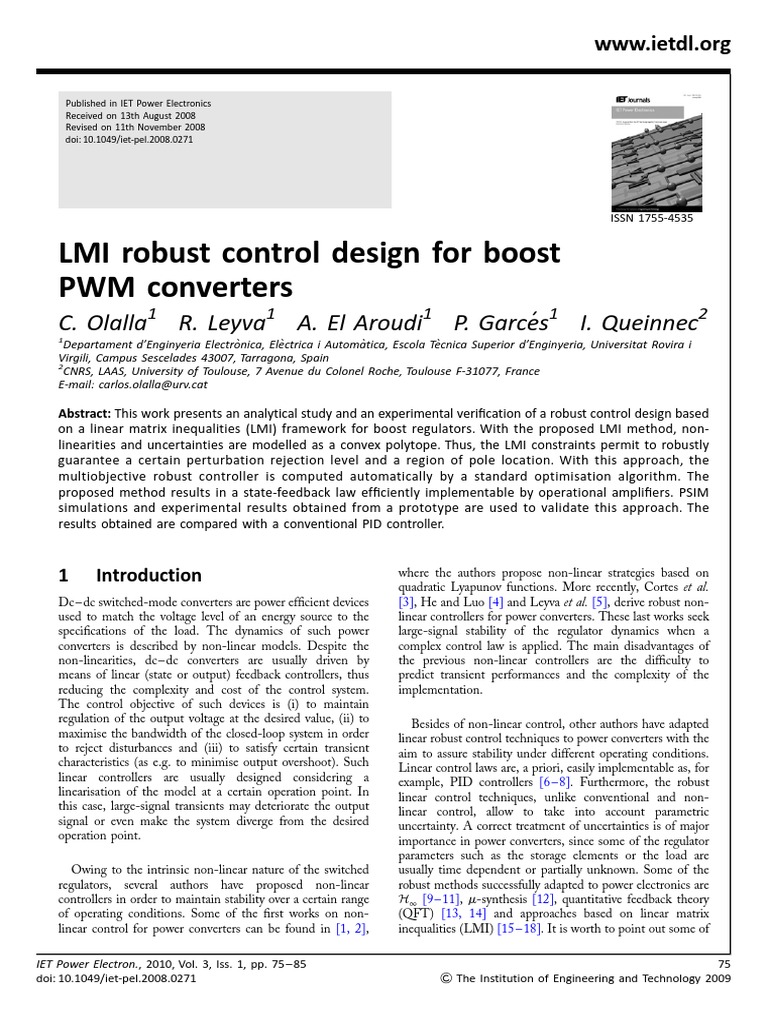 LMI Robust Control Design For Boost PWM Converters: C. Olalla R. Leyva ...