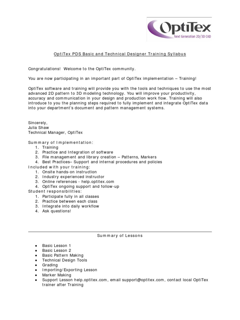 OptiTex PDS Basic and Technical Designer - Training Syllabus | PDF ...