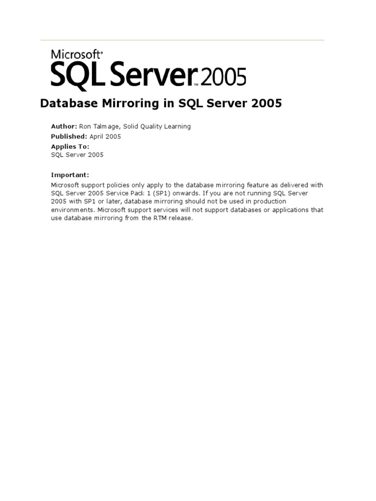 Database Mirroring In Sql Server 2005 Pdf Microsoft Sql Server Databases