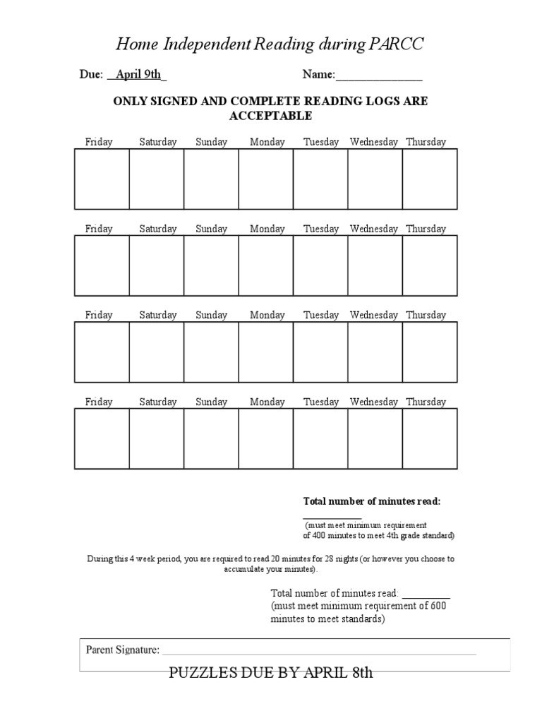 Home Independent Reading During PARCC: Only Signed and Complete Reading ...