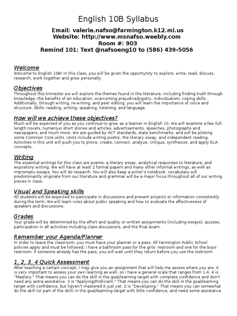 English 10b Syllabus | PDF | Essays | Homework