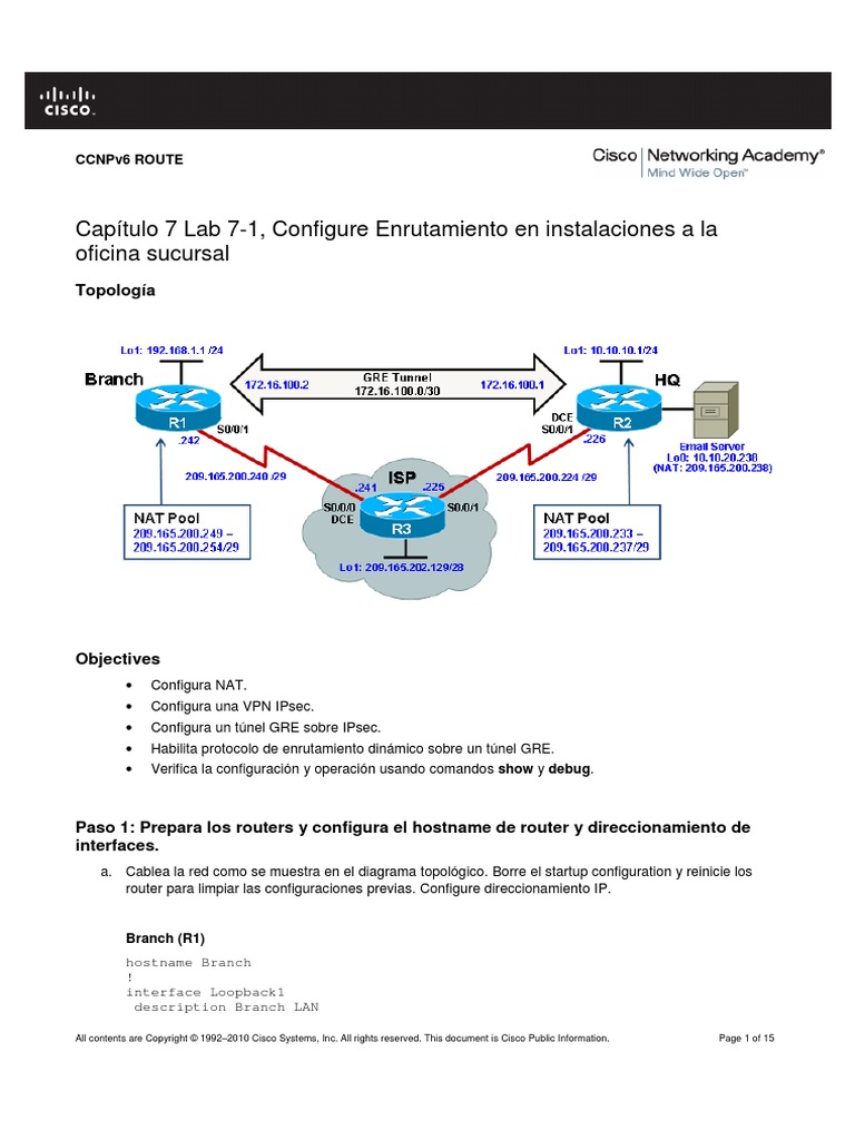 ES CCNPv6 ROUTE Lab7-1 Branch Office Config Instructor | PDF | Ip Address | Internet Protocols