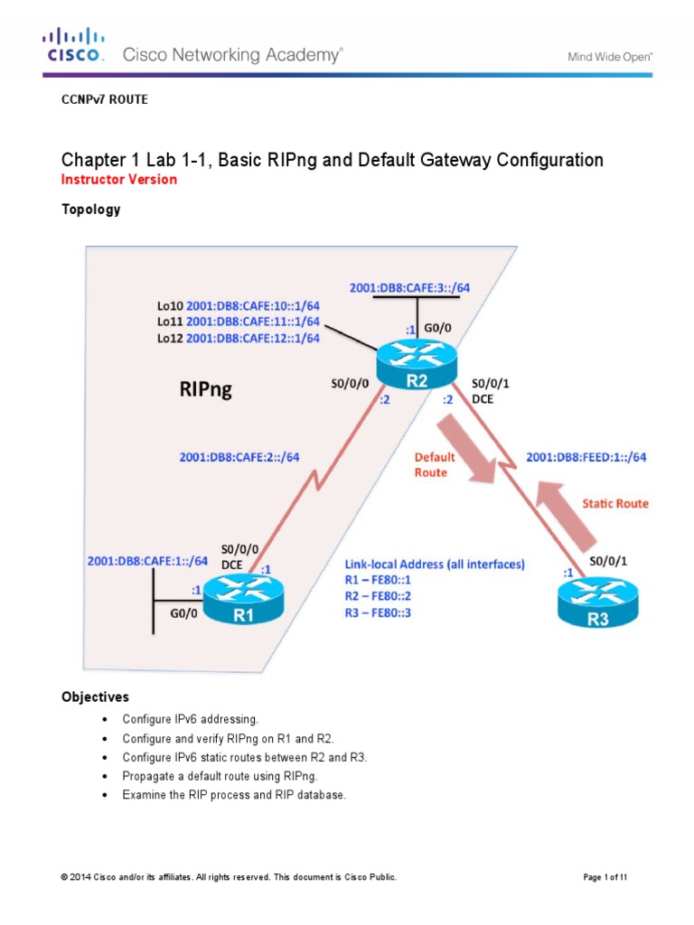 Chapter 1 Lab 1-1, Basic Ripng and Default Gateway Configuration | PDF | I Pv6 | Router (Computing)