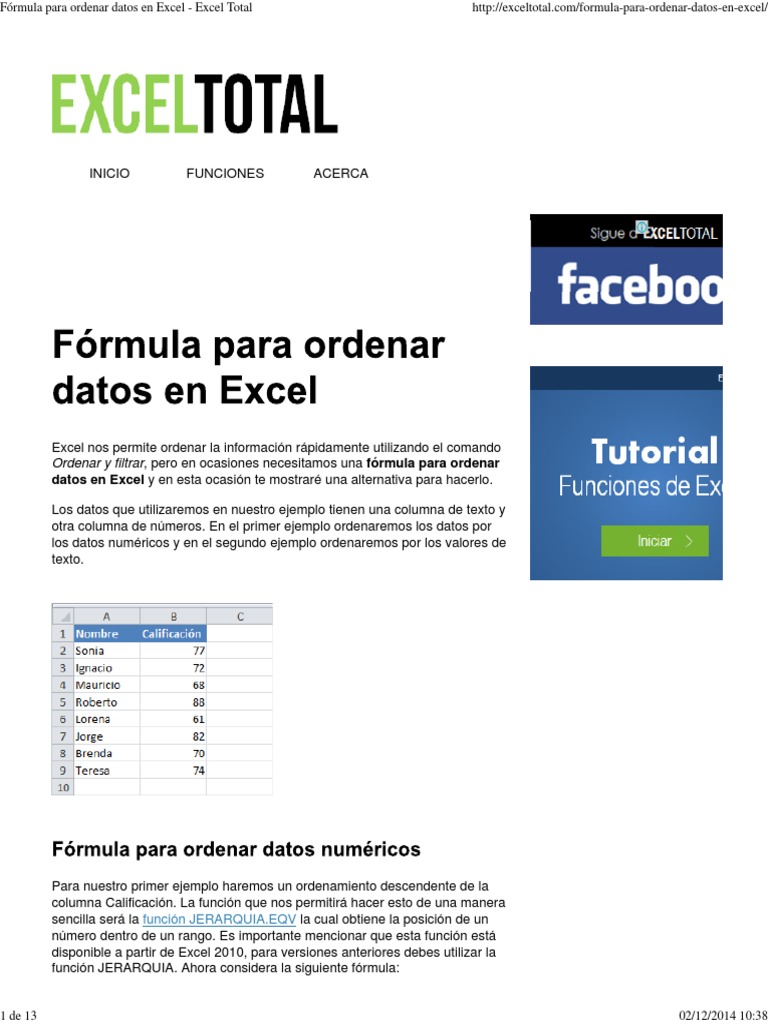Fórmula Para Ordenar Datos en Excel - Excel Total | PDF | Fórmula | Microsoft Excel