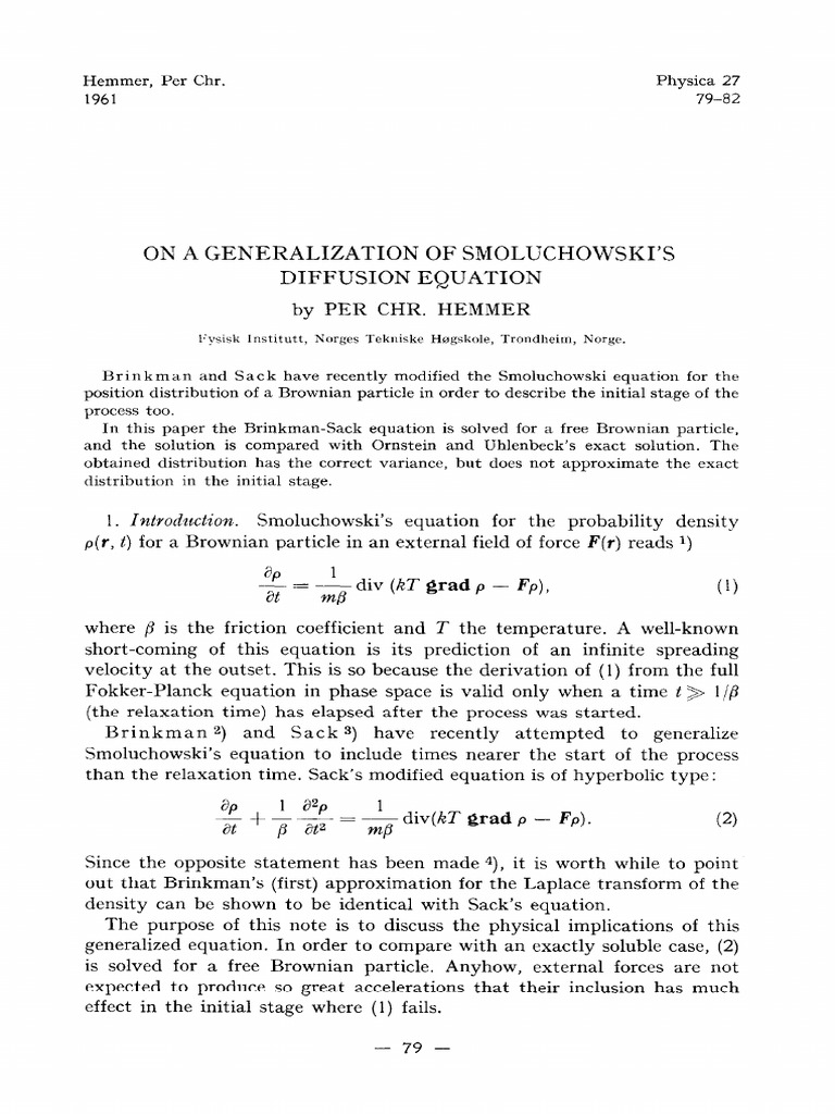 On A Generalization of Smoluchowski's Diffusion Equation | PDF ...
