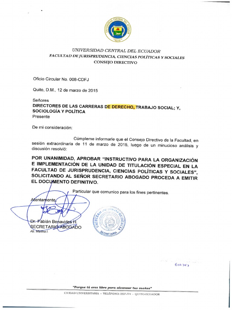 Oficio Circular No. 008-CDFJ | Caso de estudio | Caso de ley