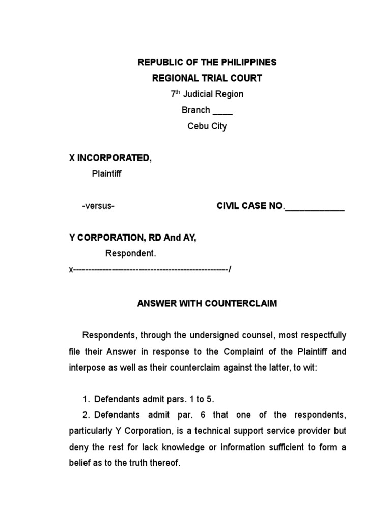 Answer With Counter Claim | PDF | Lawsuit | Judiciaries