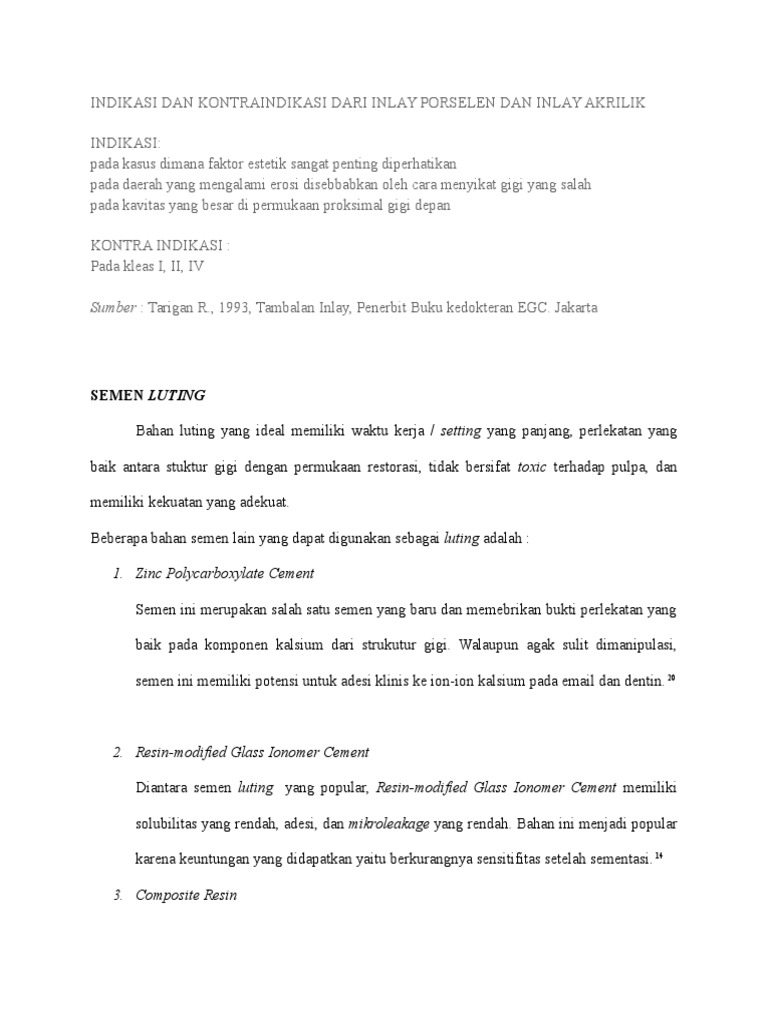 Indikasi Dan Kontraindikasi Dari Inlay Porselen Dan Inlay Akrilik | PDF