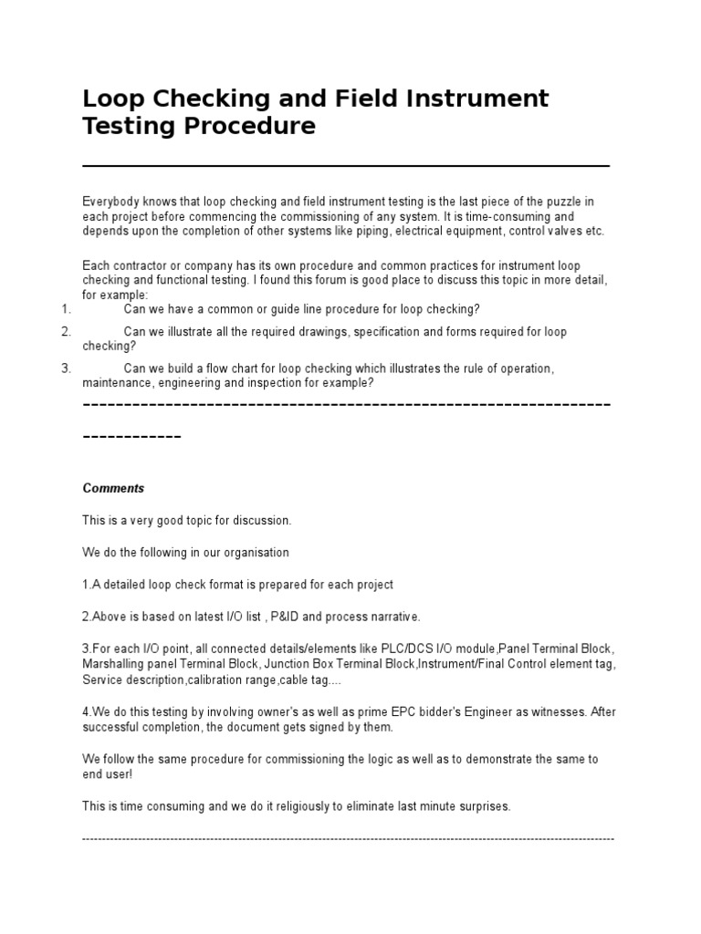 Loop Checking and Field Instrument Testing Procedure | PDF | Technology ...