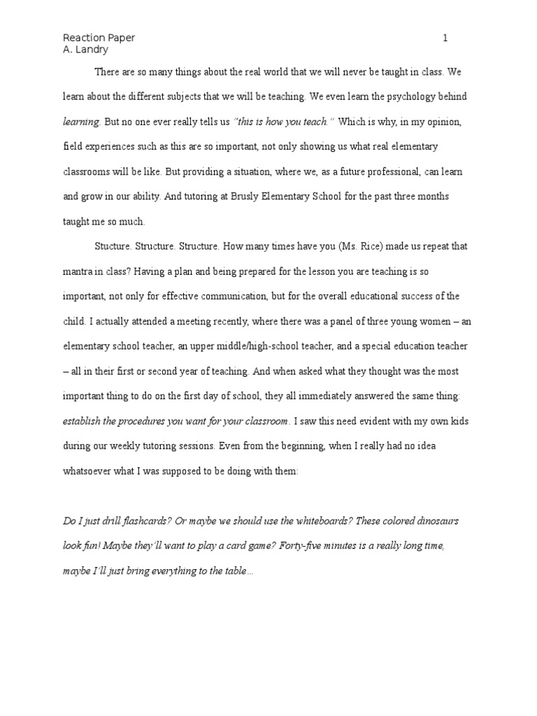 Reaction Paper Classroom Special Education