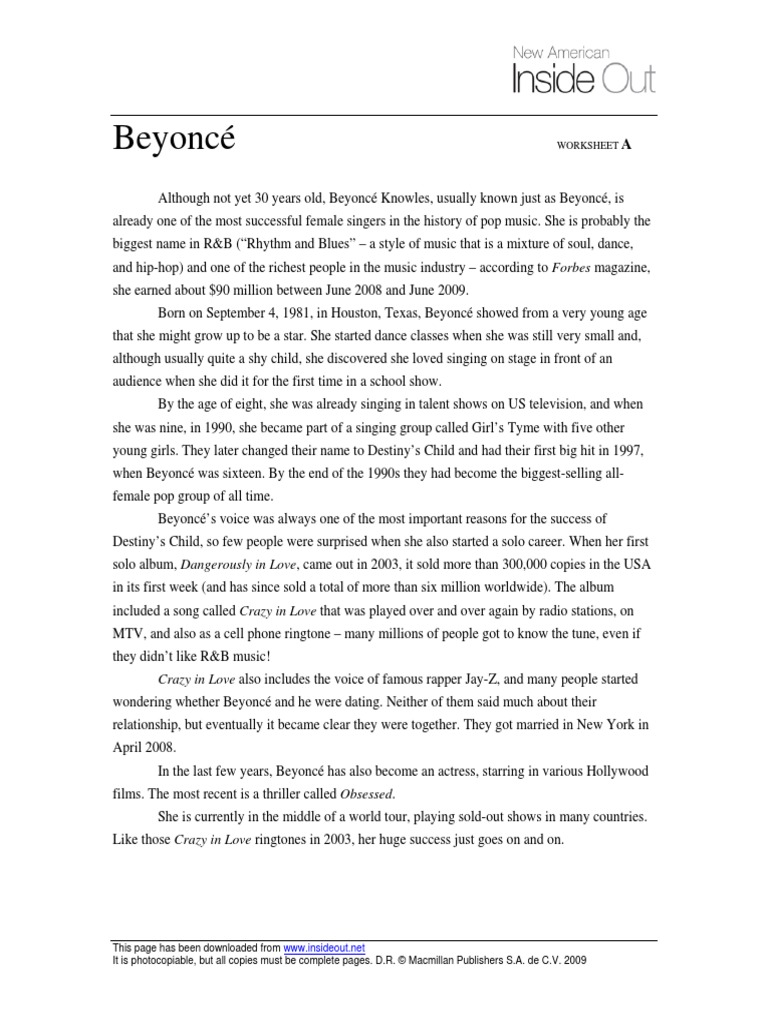Beyonce - Worksheet | PDF | Beyoncé | Pop Music