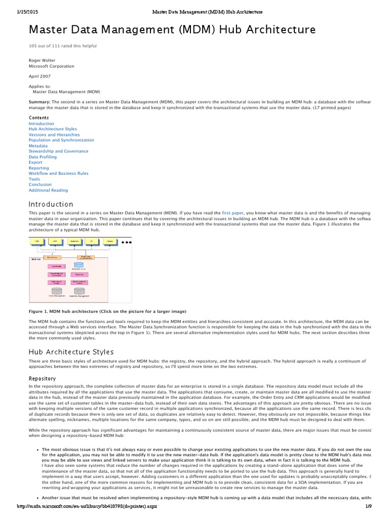 Master Data Management (MDM) Hub Architecture | PDF | Databases | Data ...