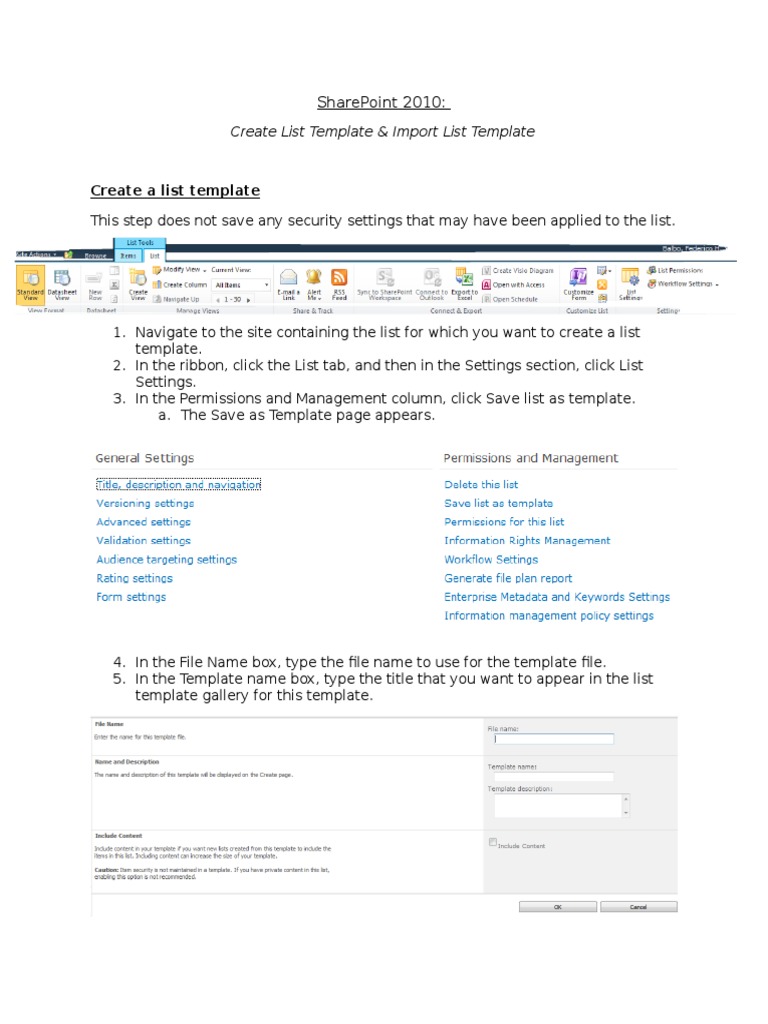 Create List Template & Import List Template in SharePoint 2010 | PDF ...
