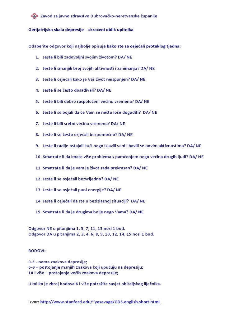 Gerijatrijska Skala Depresije | PDF