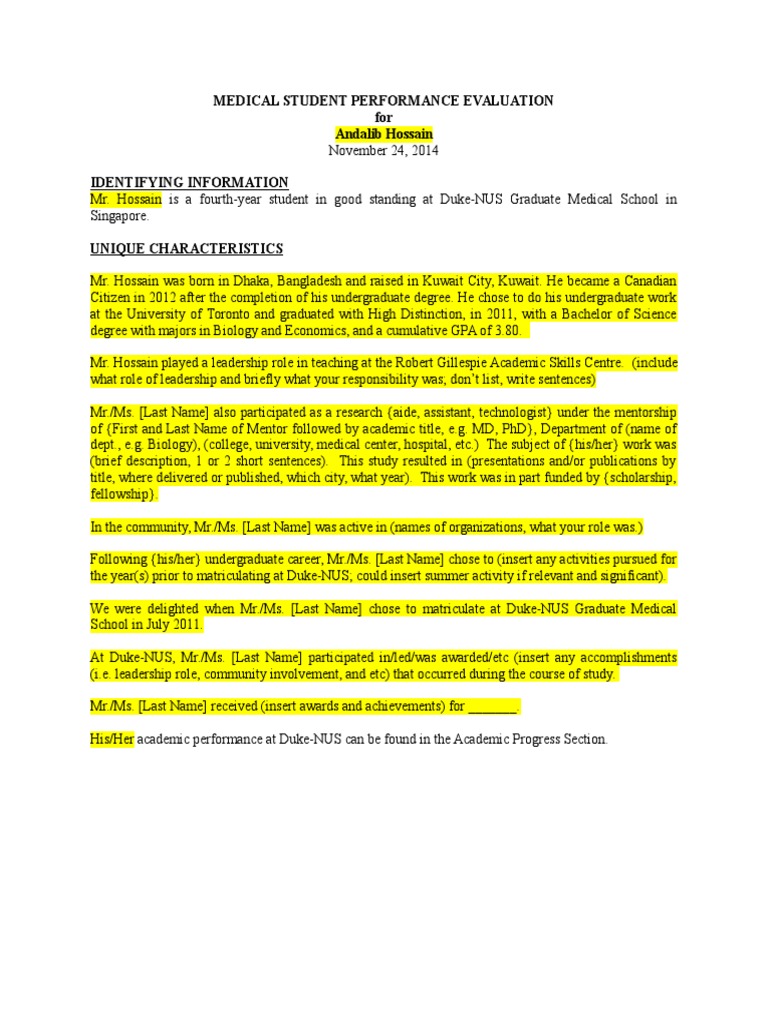 MSPE Template | Medical School | Undergraduate Education