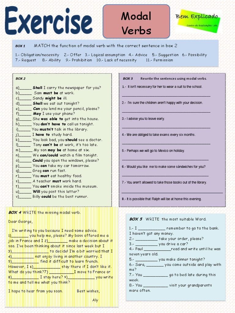 Modal Verbs: MATCH The Function of Modal Verb With The Correct Sentence ...