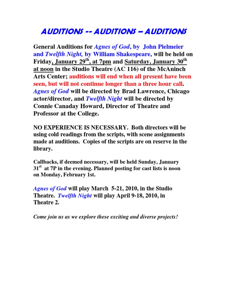 Auditions Spring 10 | PDF | Theatre | Entertainment (General)