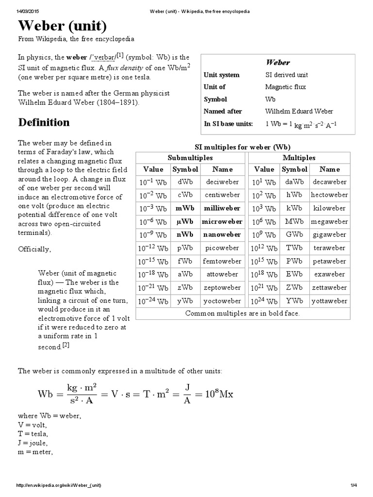 Weber (Unit) - Wikipedia, The Free Encyclopedia | PDF | Physics | Force