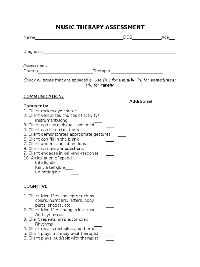 MUSIC THERAPY Assessment Form | PDF