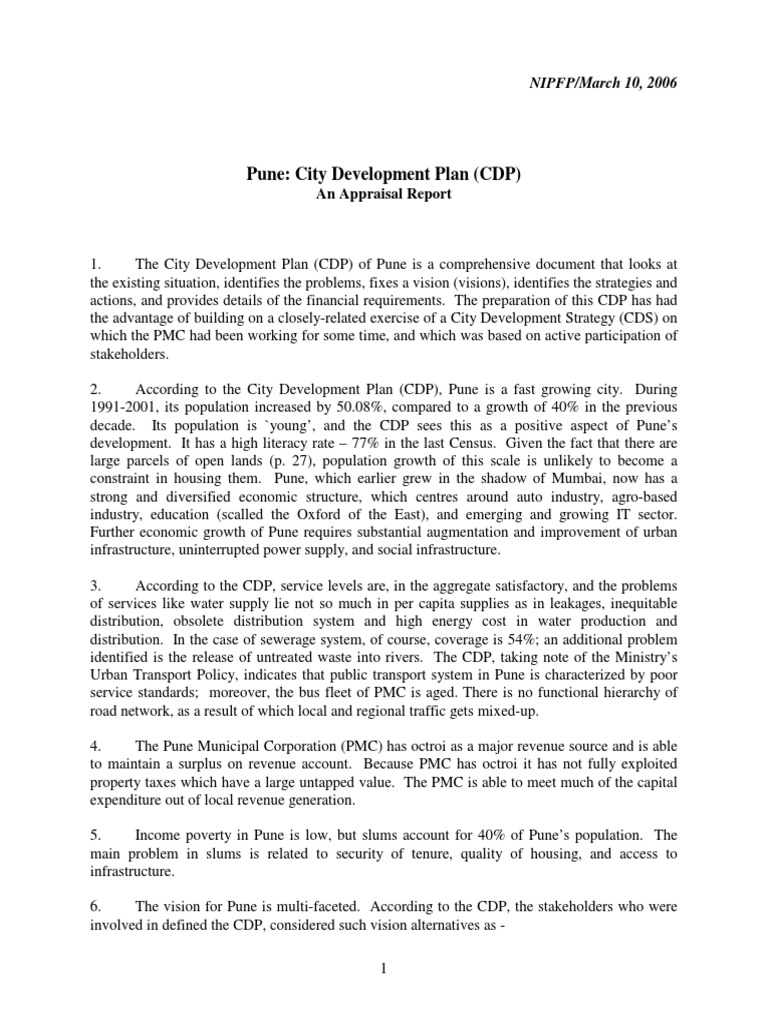 Pune: City Development Plan (CDP) : An Appraisal Report | PDF | Slum ...