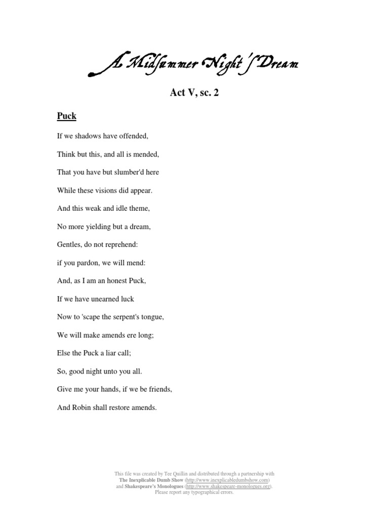 Puck Monologue | PDF | Fantasy Tropes | English Legendary Creatures