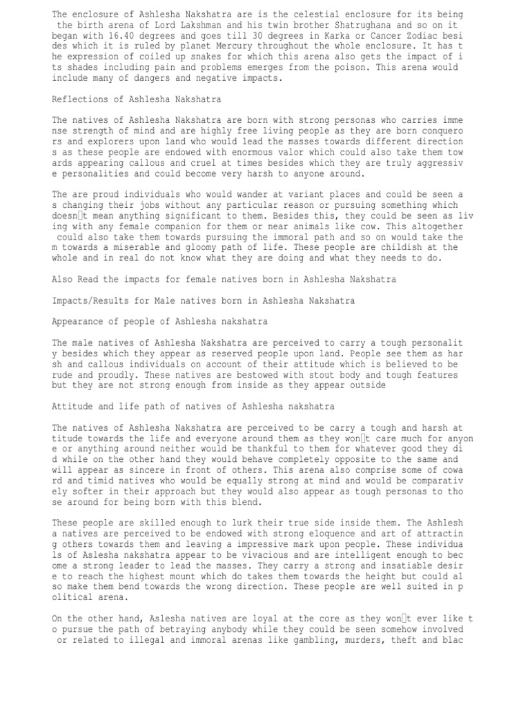 New Text Ashlesha Star Document | PDF | Technical Factors Of Astrology ...