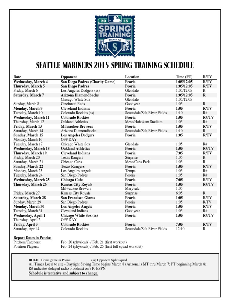 Seattle Mariners 2015 Spring Training Schedule | PDF