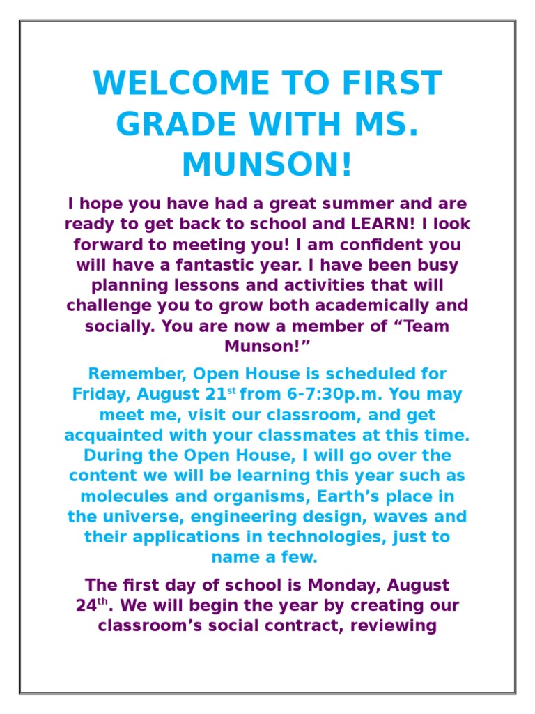 First Grade Welcome with Ms. Munson | PDF