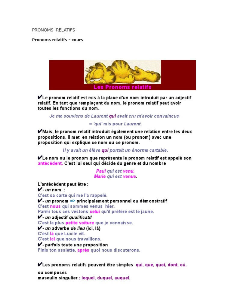 Comprendre les pronoms relatifs | PDF | Pronom | Genre grammatical