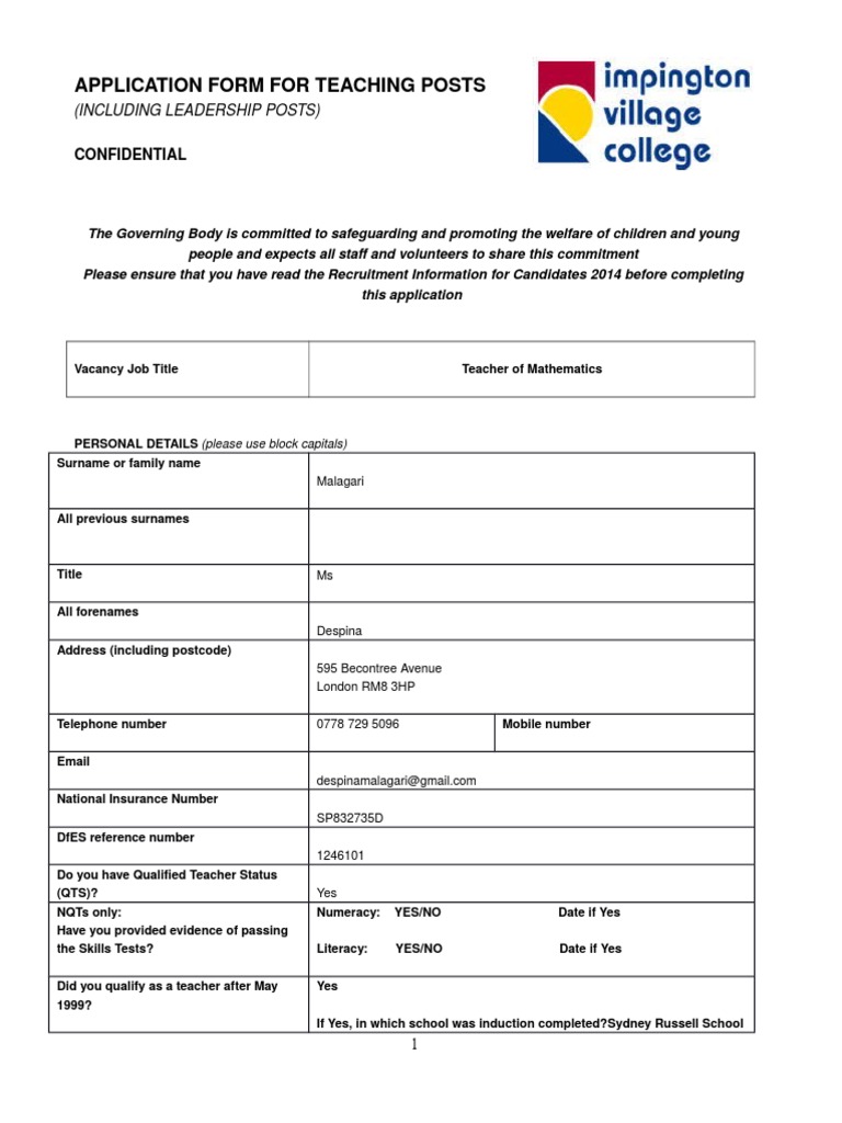 Teaching Staff Application Form Impington Village College | Teachers ...