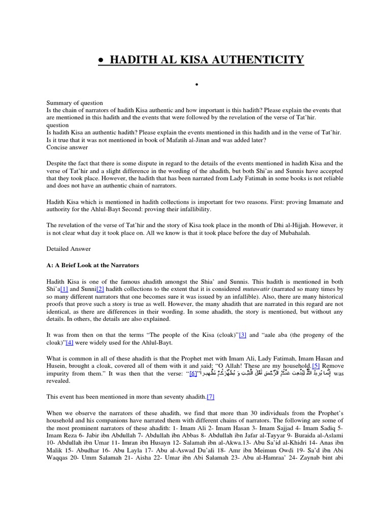 Hadith Al Kisa Authenticity | PDF | Hadith | Shia Islam