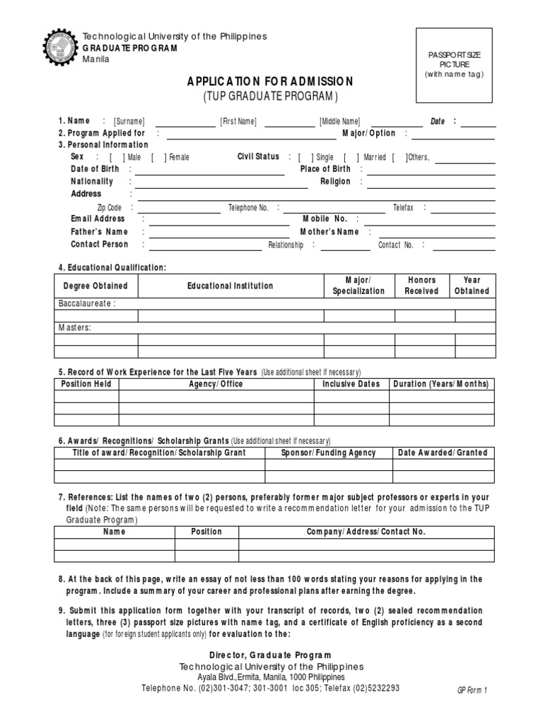 TUP GRADUATE Admission Form | PDF