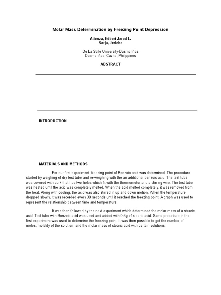 Molar Mass Determination by Freezing Point Depression #10 | PDF ...