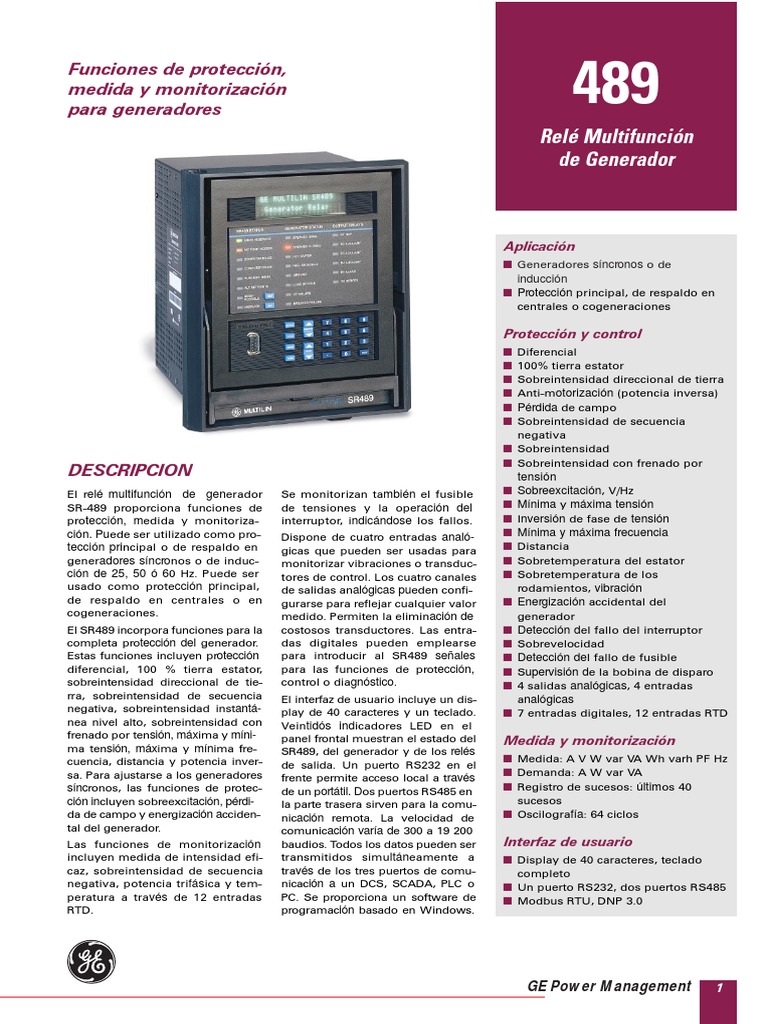 Rele de Proteccion SR 489 GE | PDF | Relé | Energia electrica