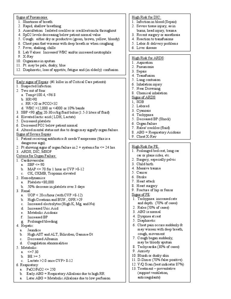 Risk for Diseases Cheat Sheet | Pneumonia | Sepsis