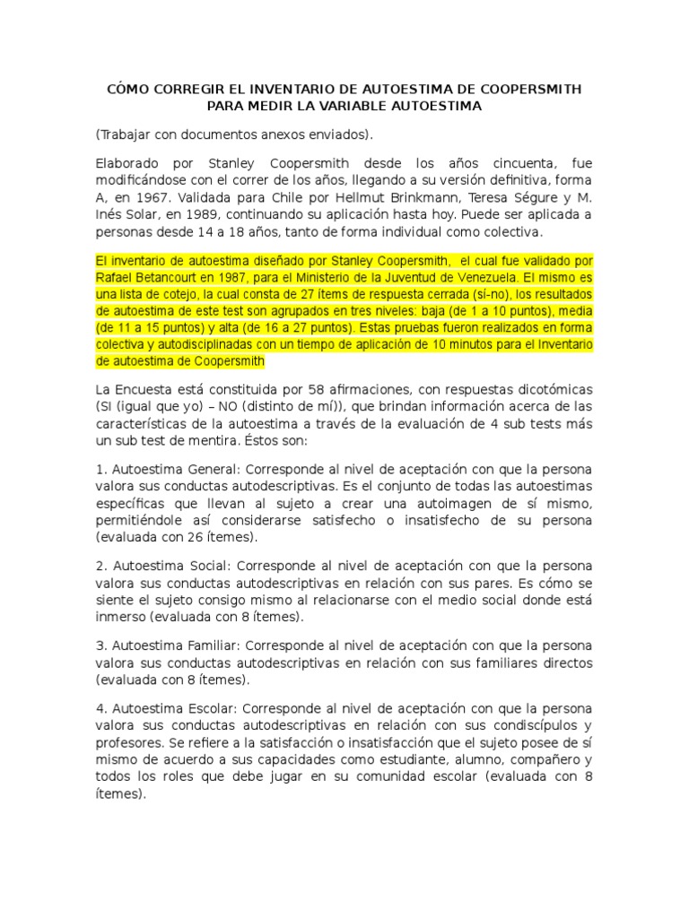 Validez y Cómo Corregir El Inventario de Autoestima de Coopersmith ...