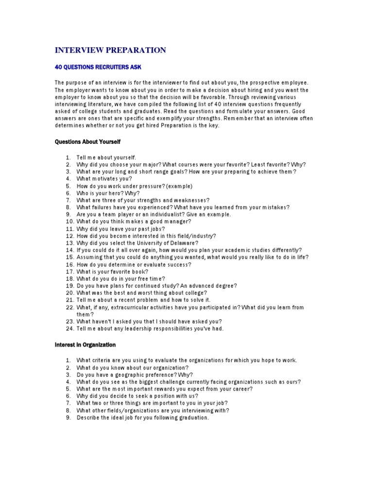 Interview Preparation: 40 Questions Recruiters Ask | PDF