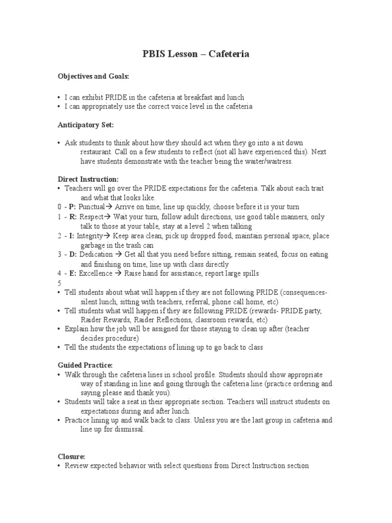 Pbis Lesson - Cafeteria | PDF | Waiting Staff | Cafeteria
