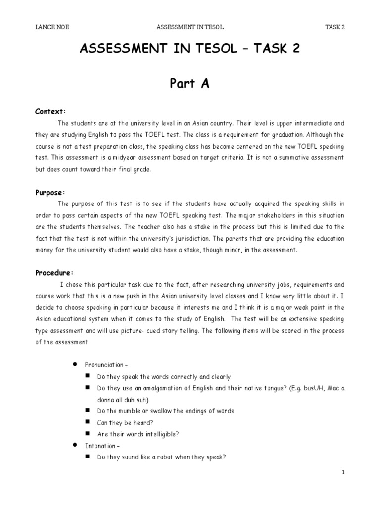 Assessment in Tesol Task 2 Revised | Stress (Linguistics) | Educational ...