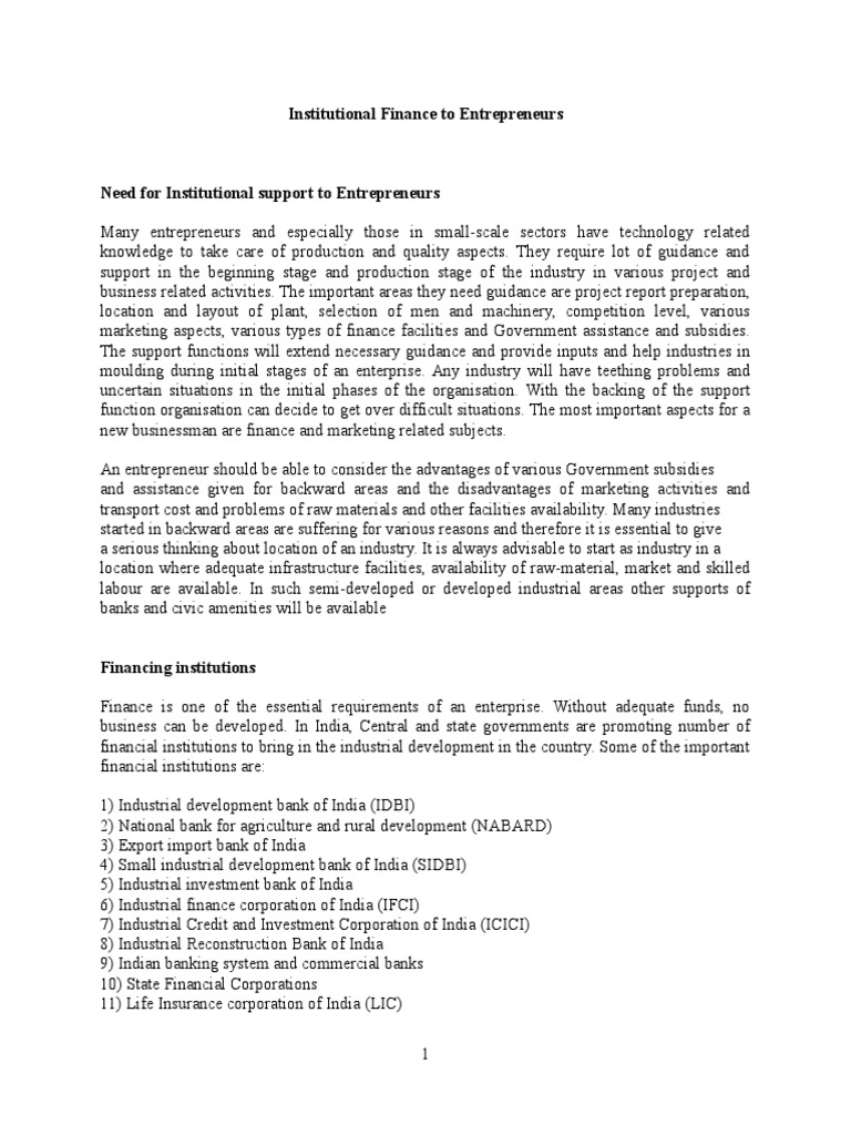 Institutional Finance To Entrepreneurs | PDF | Reserve Bank Of India ...