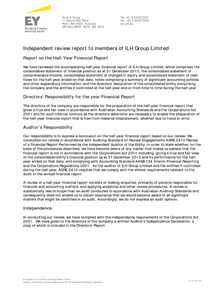 272.Auditor (Ernst & Young) Independent Review Report to Members of ILH ...