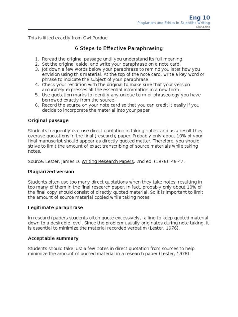 Plagiarism and Paraphrasing Guide | PDF