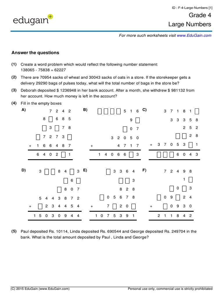 Grade 4 Large Numbers: Answer The Questions | Download Free PDF ...