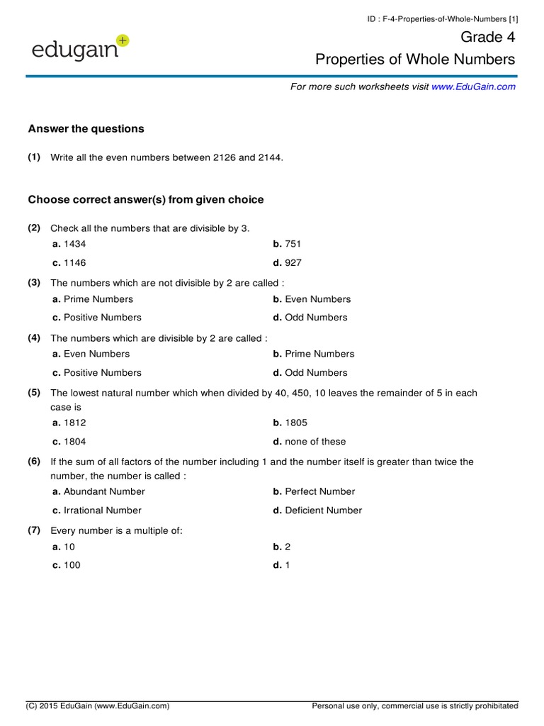 Grade 4 Properties of Whole Numbers: Answer The Questions | PDF