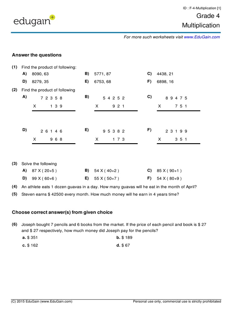 Grade 4 Multiplication: Answer The Questions | PDF | Economies | Business